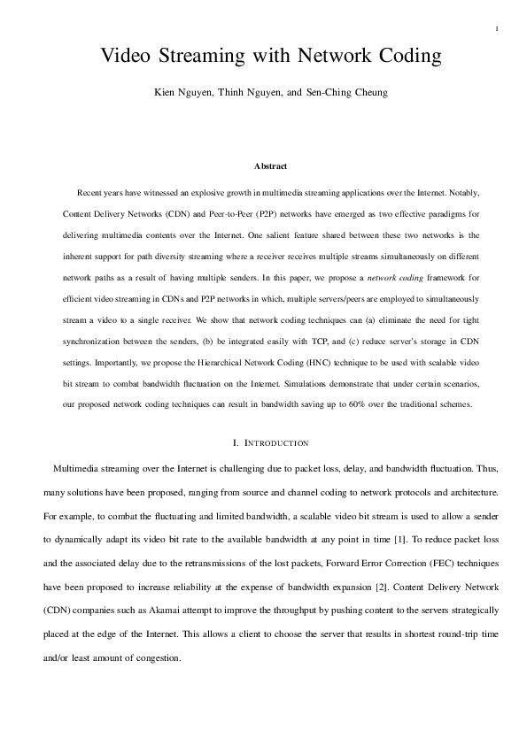 Pdf Video Streaming With Network Coding