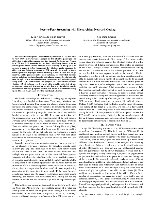 Pdf Peer To Peer Streaming With Hierarchical Network Coding