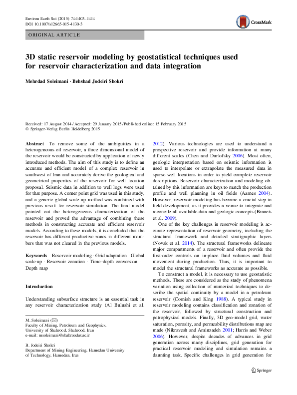 Pdf 3d Static Reservoir Modeling By Geostatistical Techniques Used For Reservoir