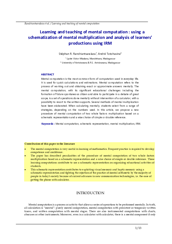 (DOC) Learning and teaching of mental computation : using a ...
