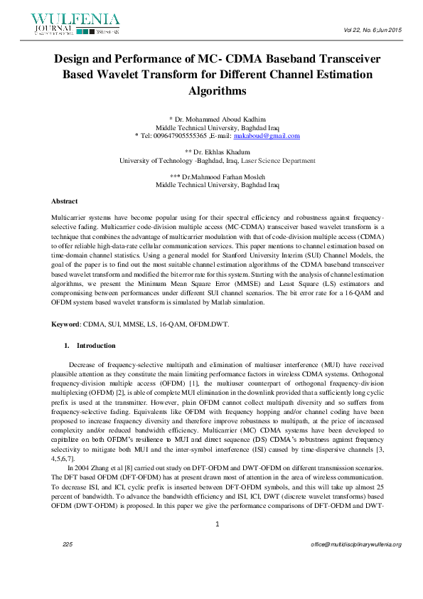Pdf Design And Performance Of Mc Cdma Baseband Transceiver Based Wavelet Transform For