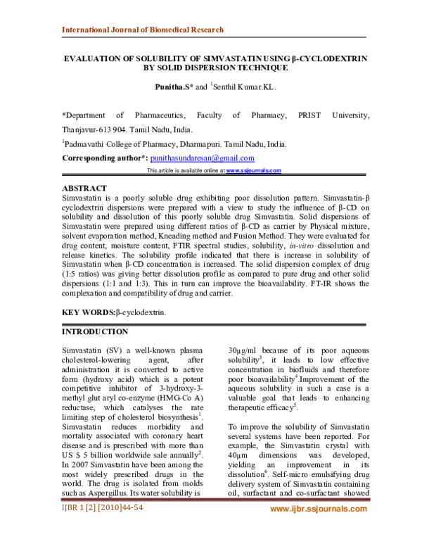 Pdf Evaluation Of Solubility Of Simvastatin Using β Cyclodextrin By Solid Dispersion Technique