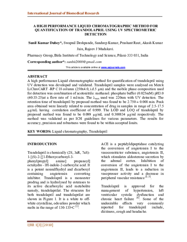 Pdf A High Performance Liquid Chromatographic Method For Quantification Of Trandolapril Using