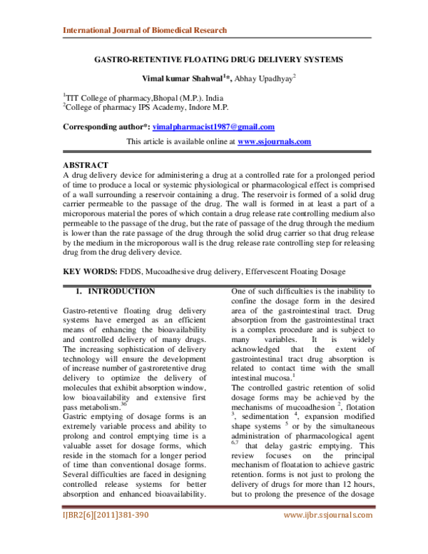 Pdf Gastro Retentive Floating Drug Delivery Systems Scholar Science Journals