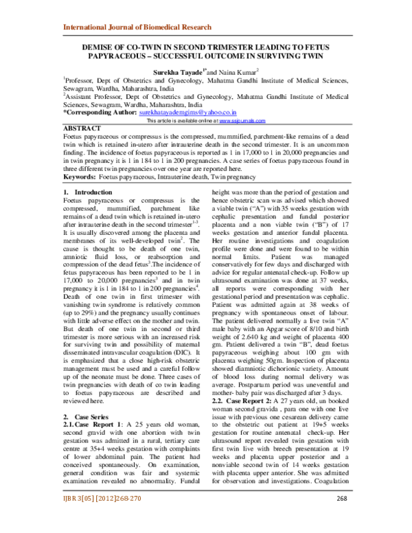 (PDF) DEMISE OF CO-TWIN IN SECOND TRIMESTER LEADING TO FETUS ...