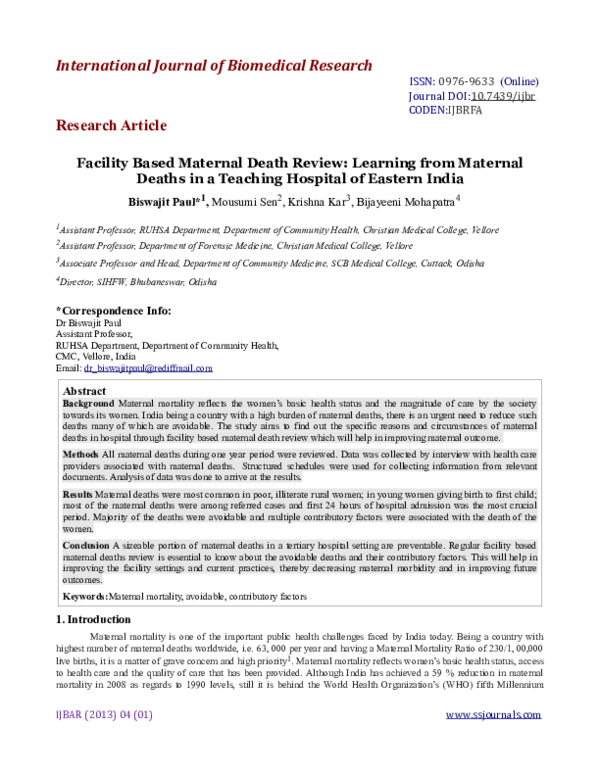 (PDF) Facility Based Maternal Death Review: Learning from Maternal ...