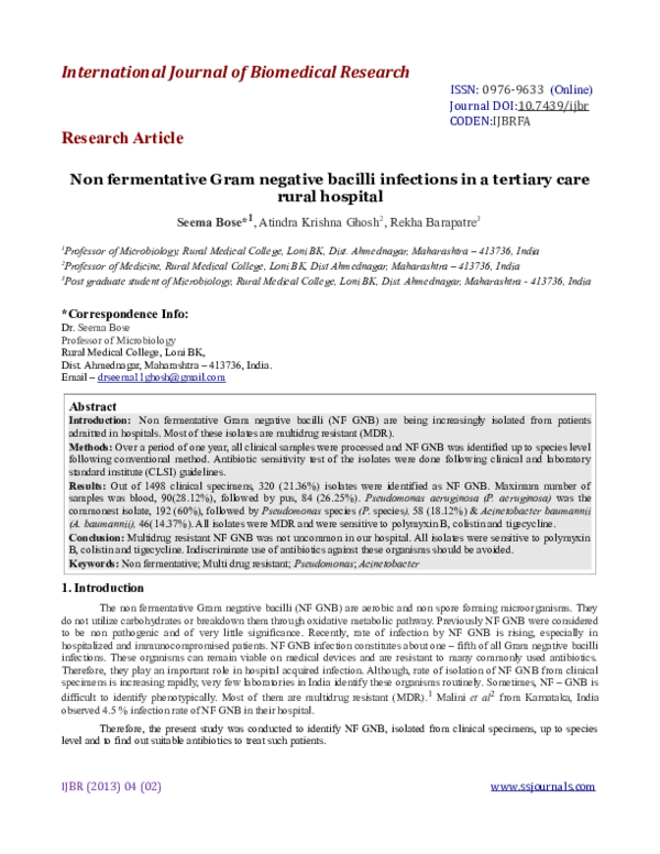 (PDF) Non fermentative Gram negative bacilli infections in a tertiary care rural hospital