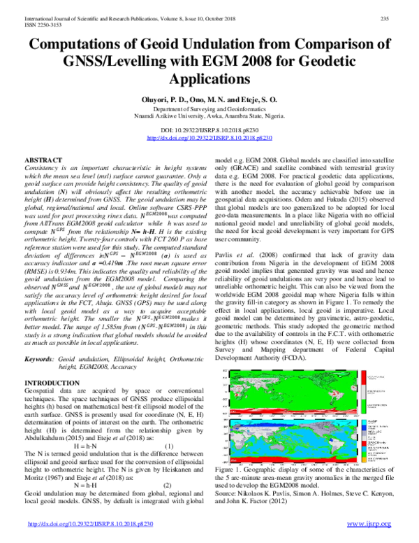 (PDF) Computations of Geoid Undulation from Comparison of GNSS/Levelling with EGM 2008 for ...