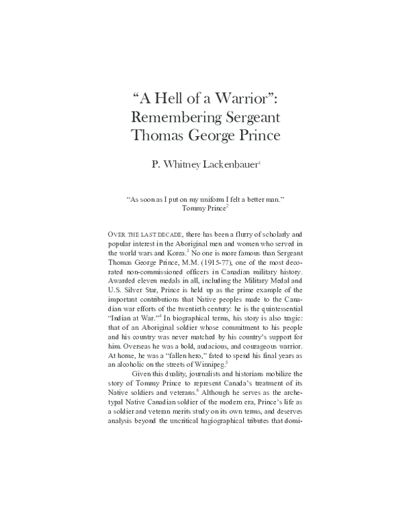 (PDF) " A Hell of a Warrior " : Remembering Sergeant Thomas George Prince