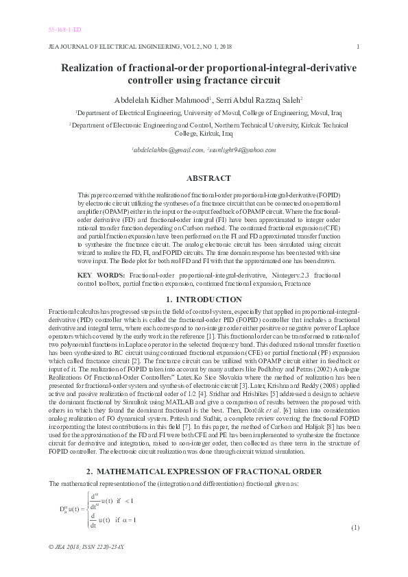 Pdf Fractional Order Pid Controller Design Using Fractance Circuit