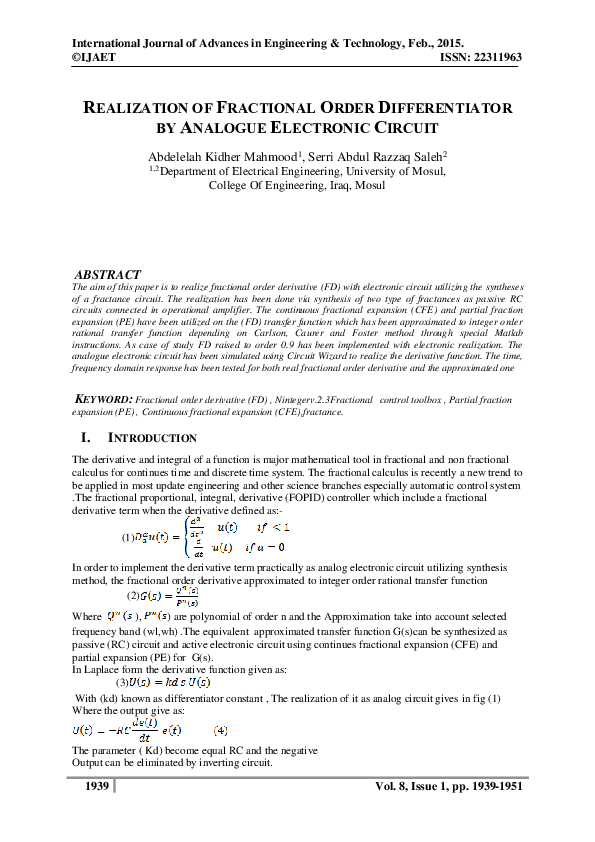 Realization Of Fractional Order Differentiator By Analogue Electronic