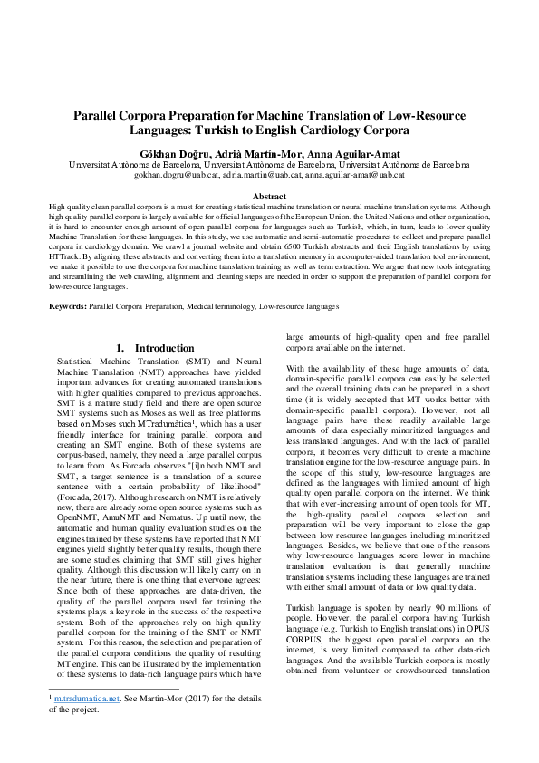 Pdf Parallel Corpora Preparation For Machine Translation Of Low