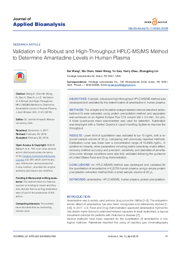 (PDF) Validation of a Robust and High-Throughput HPLC-MS/MS Method to Determine Amantadine ...