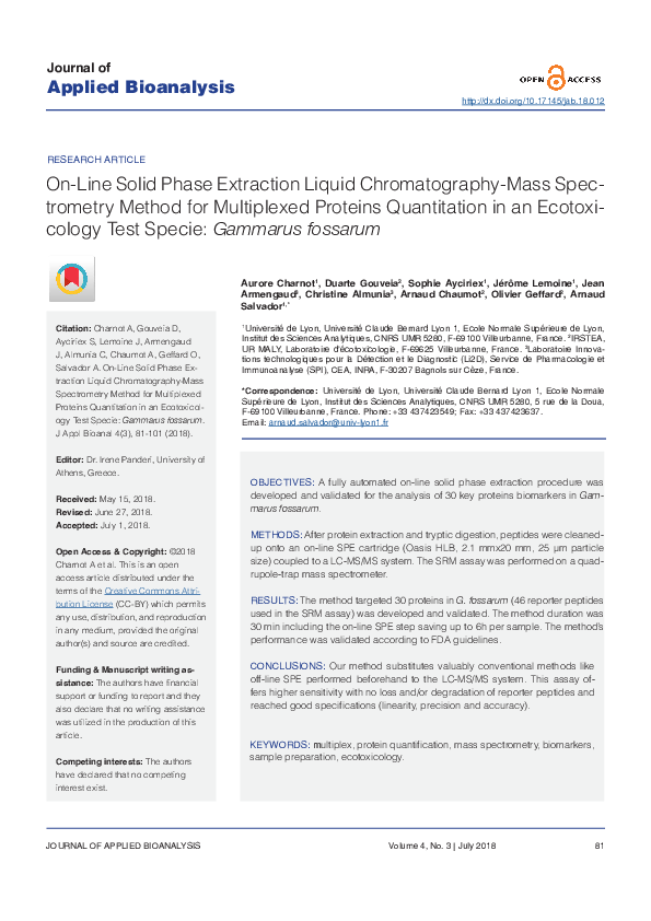 (PDF) On-Line Solid Phase Extraction Liquid Chromatography-Mass Spectrometry Method for ...