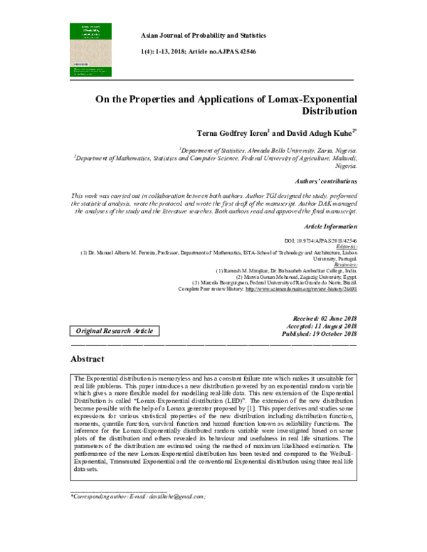 Pdf On The Properties And Applications Of Lomax Exponential Distribution
