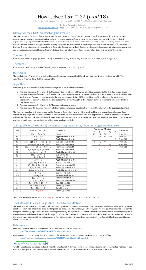 (PDF) How I solved 15x≡27 (mod 18): A Reply to the Request “Solve 15•x≡ ...