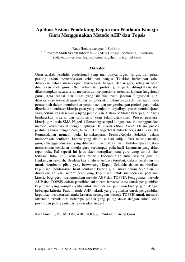 (PDF) Aplikasi Sistem Pendukung Keputusan Penilaian Kinerja Guru Menggunakan Metode AHP dan Topsis