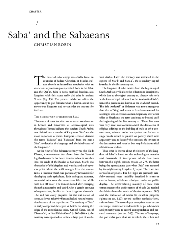 (PDF) « Sabaʾ and the Sabaeans », dans Queen of Sheba, Treasures from ...