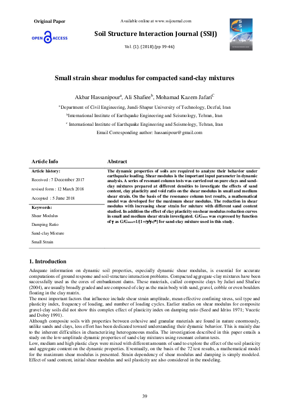 (PDF) Small strain shear modulus for compacted sand-clay mixtures