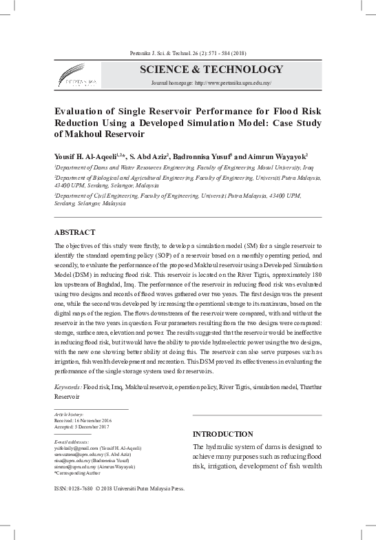 (PDF) SCIENCE & TECHNOLOGY Evaluation of Single Reservoir Performance ...
