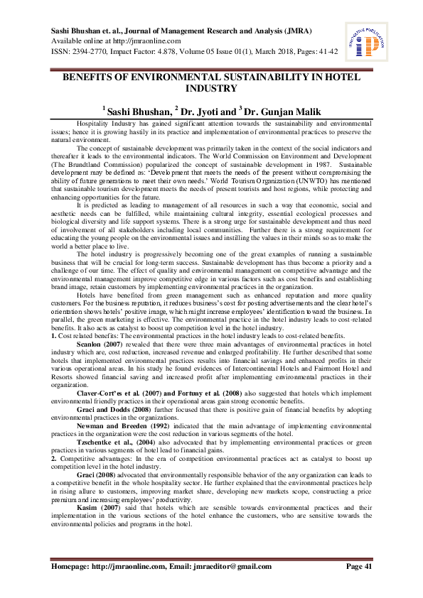 (PDF) BENEFITS OF ENVIRONMENTAL SUSTAINABILITY IN HOTEL INDUSTRY