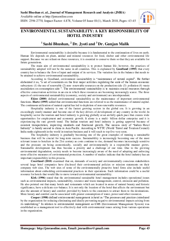 (PDF) ENVIRONMENTAL SUSTAINABILITY: A KEY RESPONSIBILITY OF HOTEL INDUSTRY