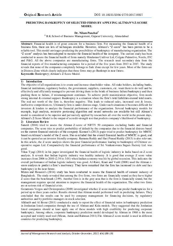 (PDF) PREDICTING BANKRUPTCY OF SELECTED FIRMS BY APPLYING ALTMAN'S Z ...