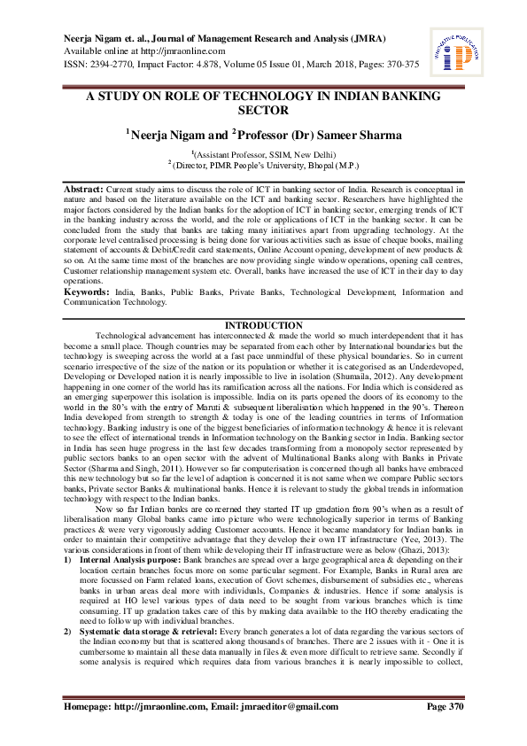 (PDF) A STUDY ON ROLE OF TECHNOLOGY IN INDIAN BANKING SECTOR