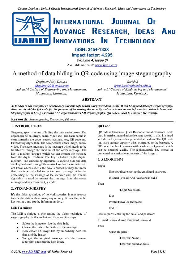 (PDF) A method of data hiding in QR code using image steganography
