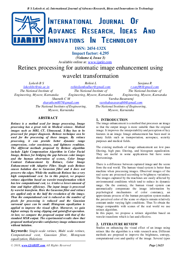 Pdf Retinex Processing For Automatic Image Enhancement Using Wavelet Transformation Ijariit