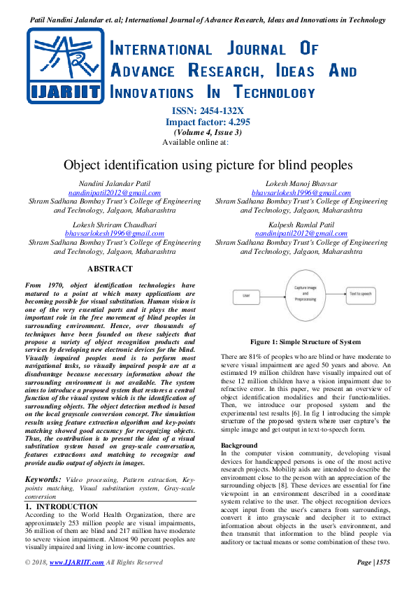(PDF) Object identification using picture for blind peoples | Ijariit ...