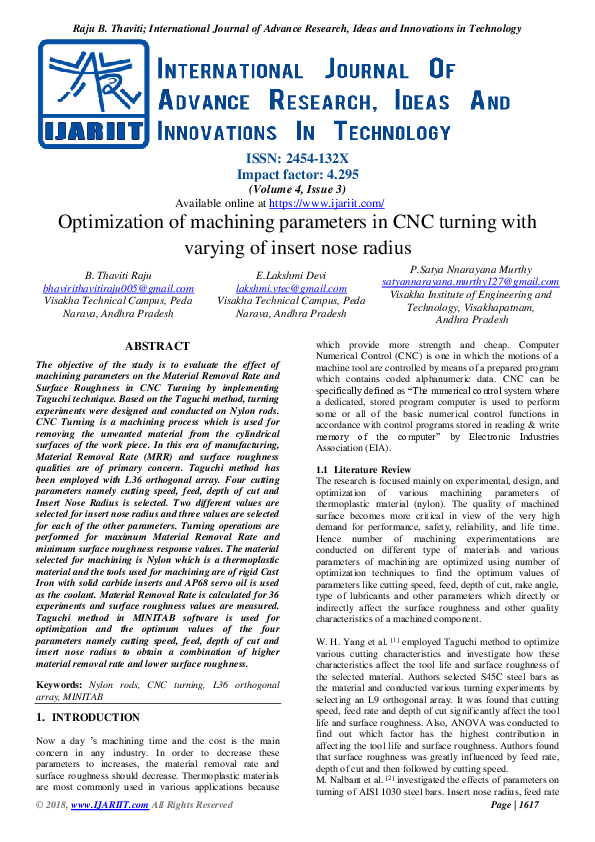 Pdf Optimization Of Machining Parameters In Cnc Turning With Varying