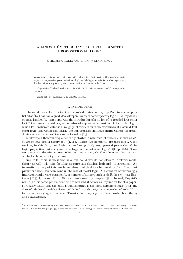 (PDF) A LINDSTROM THEOREM FOR INTUITIONISTIC PROPOSITIONAL LOGIC [Notre Dame Journal of Formal ...