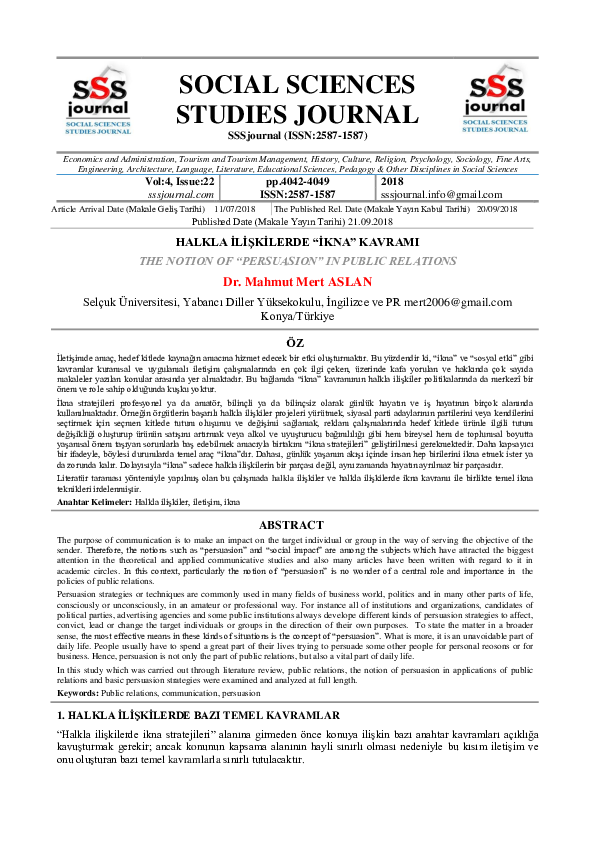 (PDF) SOCIAL SCIENCES STUDIES JOURNAL HALKLA İLİŞKİLERDE " İKNA " KAVRAMI THE NOTION OF ...