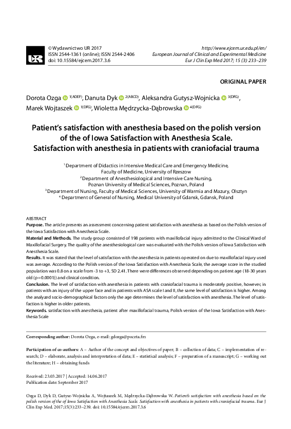 (PDF) Patients satisfaction with anesthesia based on the polish version ...