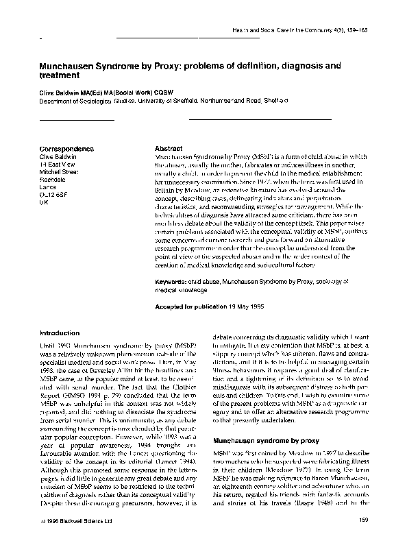(PDF) Munchausen Syndrome by Proxy: problems of definition, diagnosis and treatment