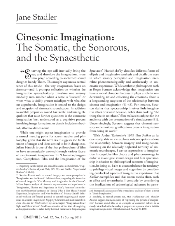 (PDF) Stadler, Jane. “Cinesonic Imagination: The Somatic, the Sonorous ...