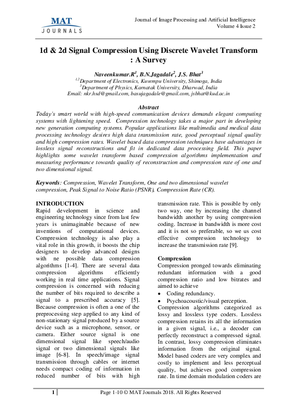 Pdf D And 2d Signal Compression Using Discrete Wavelet Transform A Survey