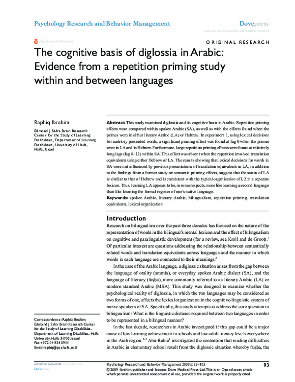 (PDF) The cognitive basis of diglossia in Arabic: Evidence from a repetition priming study ...