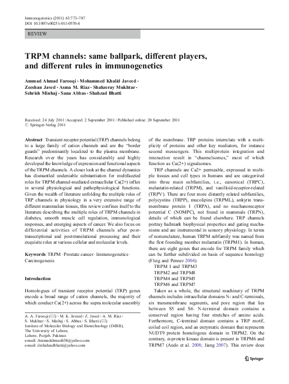 (PDF) TRPM channels: same ballpark, different players, and different ...