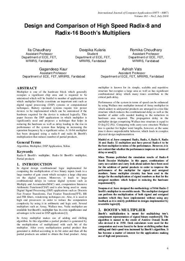 (PDF) Design and Comparison of High Speed Radix-8 and Radix-16 Booth's Multipliers