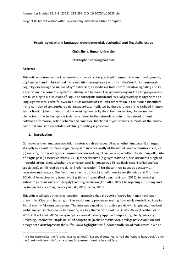 (PDF) Praxis, symbol and language: developmental, ecological and ...