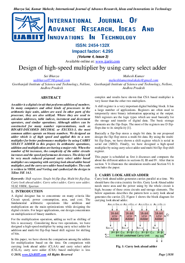 (PDF) Design of high-speed multiplier by using carry select adder