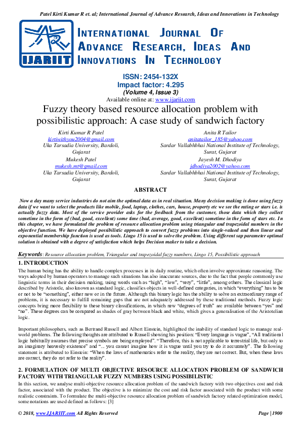 Pdf Fuzzy Theory Based Resource Allocation Problem With Possibilistic