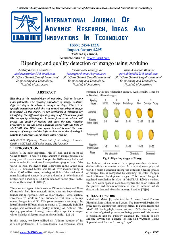 (PDF) Ripening and quality detection of mango using Arduino