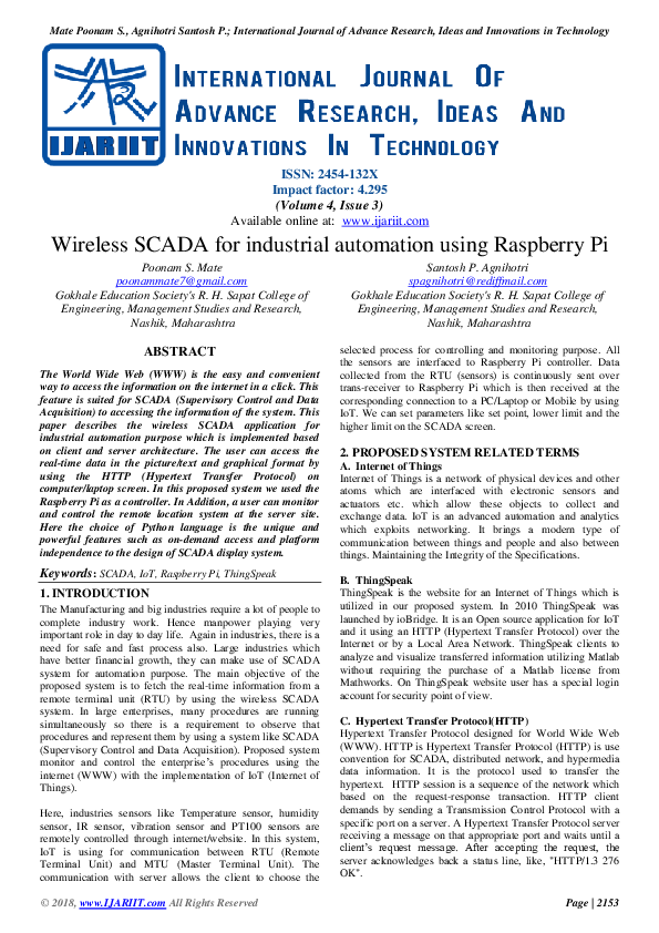 Pdf Wireless Scada For Industrial Automation Using Raspberry Pi