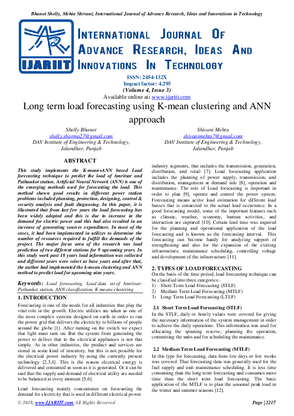 Pdf Long Term Load Forecasting Using K Mean Clustering And Ann Approach