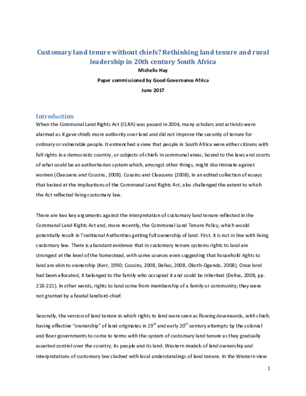 (PDF) Customary land tenure without chiefs? Rethinking land tenure and ...