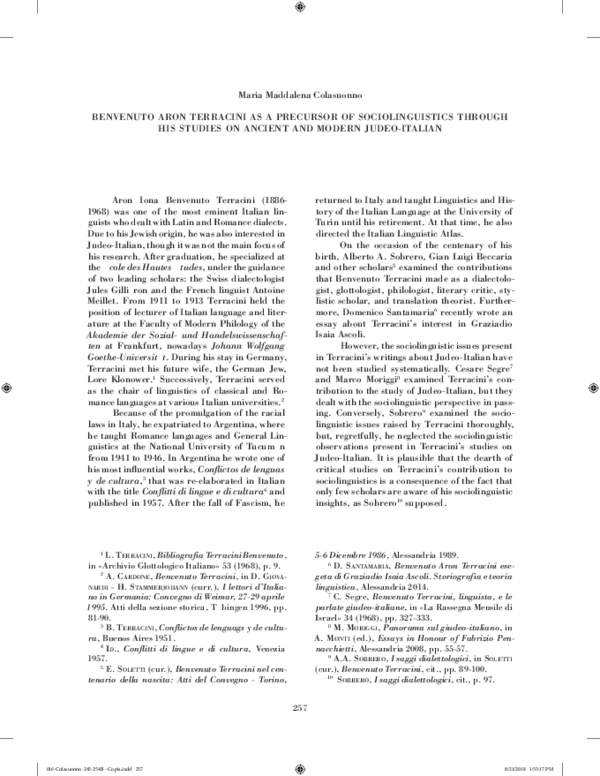 (PDF) BENVENUTO ARON TERRACINI AS A PRECURSOR OF SOCIOLINGUISTICS ...
