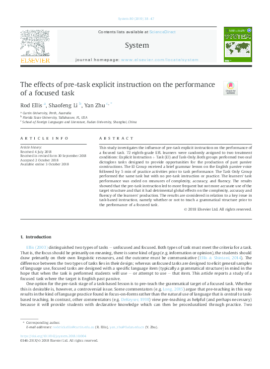 (PDF) Ellis, R., Li, S., & Zhu, Y. (2018). The effects of pre-task explicit instruction on the ...